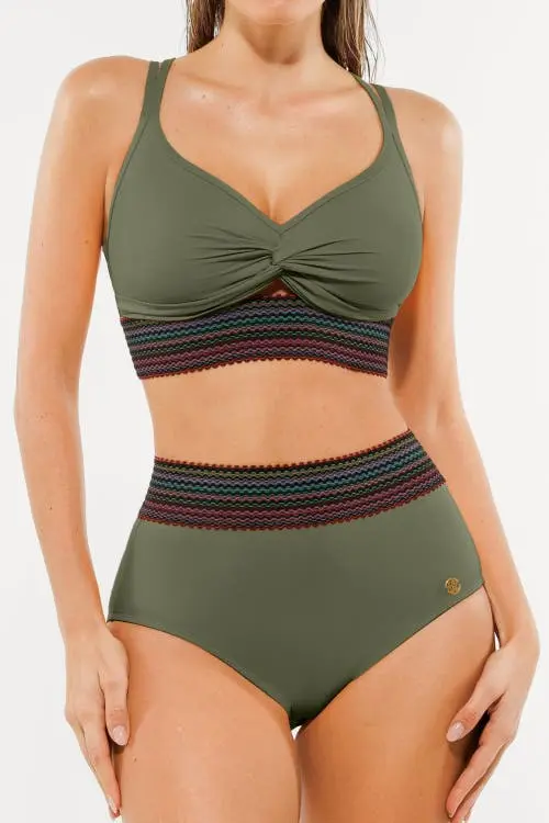 POPILUSH Trimmed High-waist Bikini Set - Olive