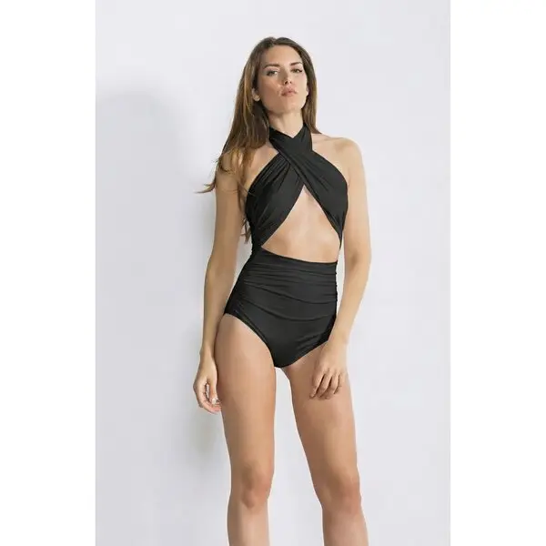 NESSI BYRD Cross-front Cutout Ruched High-waist One-piece Swimsuit - Black