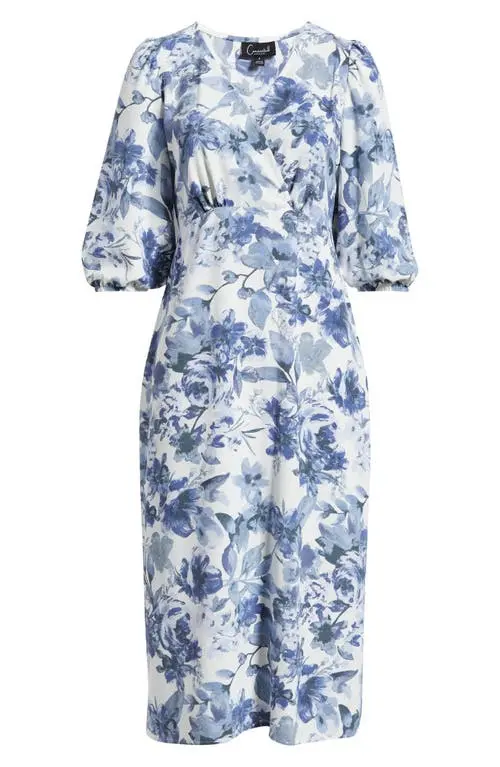 CONNECTED APPAREL Floral Print Puff Shoulder Midi Dress
