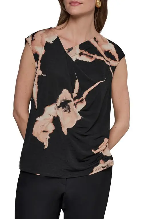 Donna Karan New York Floral Asymmetric Neck Top - Black Multi