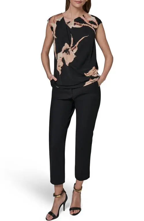Donna Karan New York Floral Asymmetric Neck Top - Black Multi