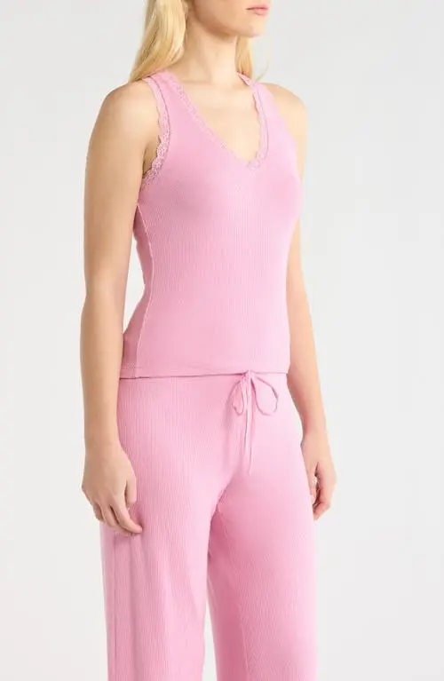 OPEN EDIT Ribbed Lace Trim Tank Top - Pink Storm