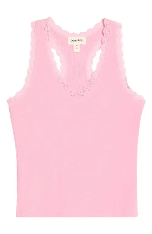 OPEN EDIT Ribbed Lace Trim Tank Top - Pink Storm