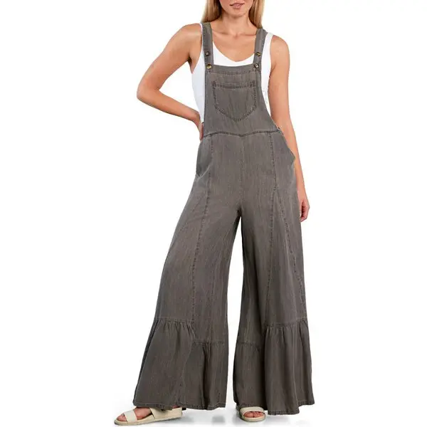 BILLY T Butterfly Ruffle Leg Cotton Blend Overalls - Grey