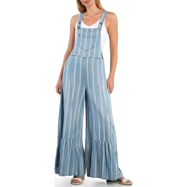 BILLY T Butterfly Ruffle Leg Cotton Blend Overalls - Light Blue Stripes