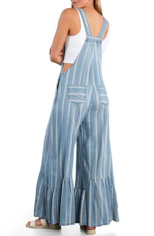 BILLY T Butterfly Ruffle Leg Cotton Blend Overalls - Light Blue Stripes
