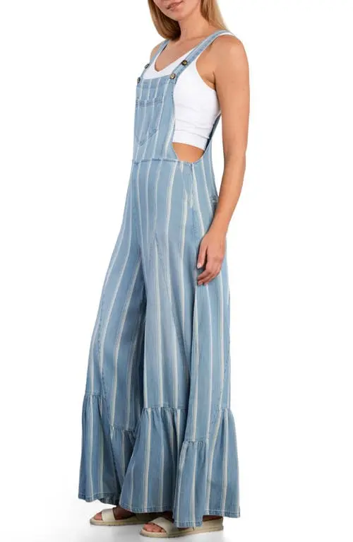 BILLY T Butterfly Ruffle Leg Cotton Blend Overalls - Light Blue Stripes