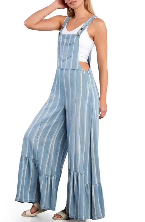 BILLY T Butterfly Ruffle Leg Cotton Blend Overalls - Light Blue Stripes