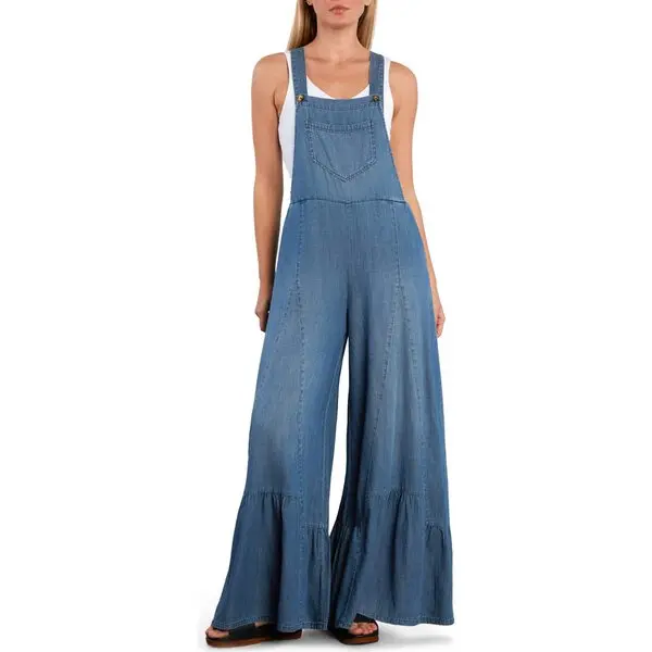 BILLY T Butterfly Ruffle Leg Cotton Blend Overalls - Vintage Denim