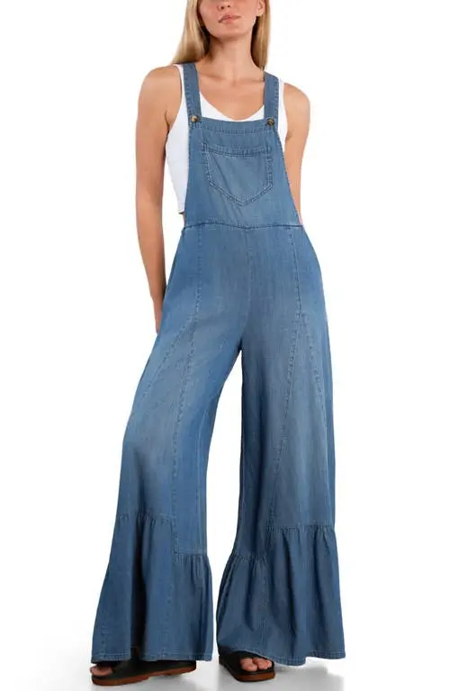 BILLY T Butterfly Ruffle Leg Cotton Blend Overalls - Vintage Denim