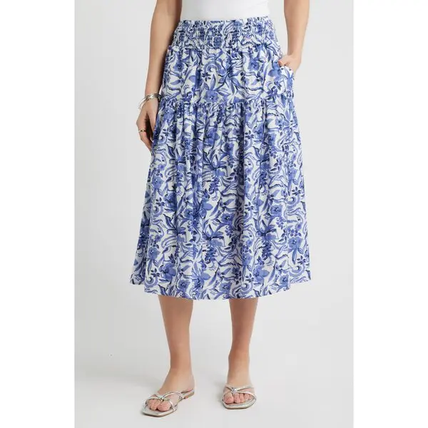 Caslon Tiered Printed Midi Skirt - Ivory- Navy Daisy Garden