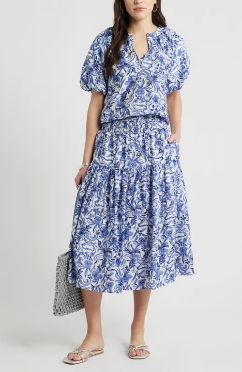 Caslon Tiered Printed Midi Skirt - Ivory- Navy Daisy Garden