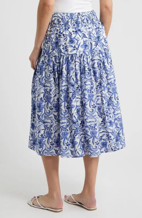 Caslon Tiered Printed Midi Skirt - Ivory- Navy Daisy Garden