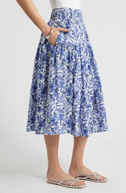 Caslon Tiered Printed Midi Skirt - Ivory- Navy Daisy Garden