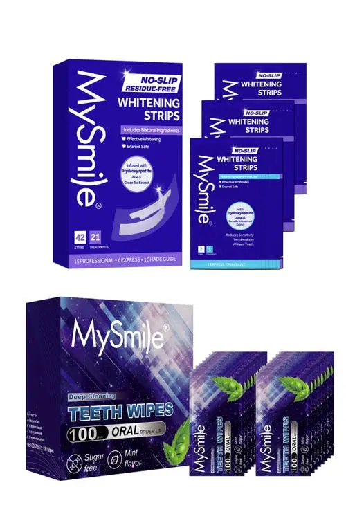MYSMILE Non-slip Hydroxyapatite-infuse Teeth Whitening Strips With Teeth Wipes Double Pack - Purple 21