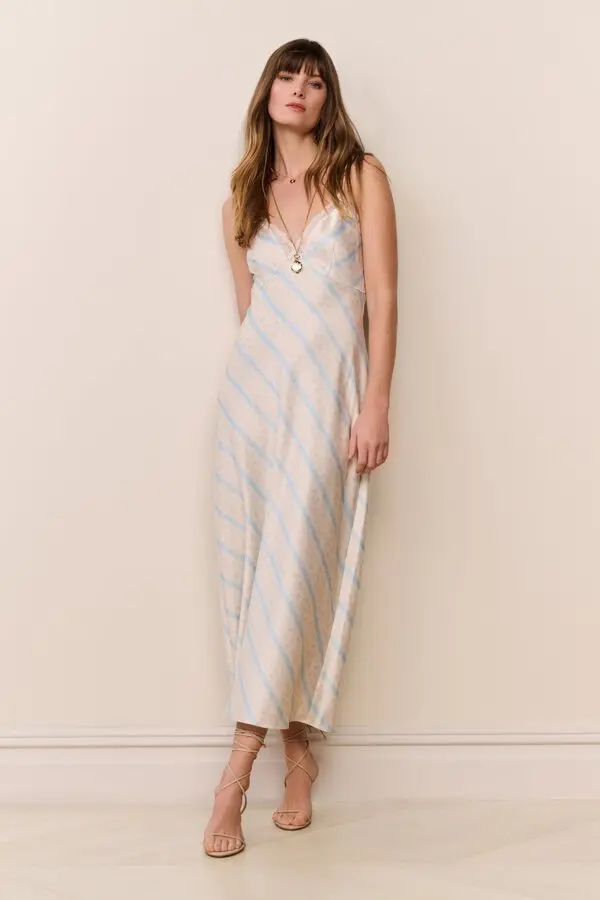 LoveShackFancy Manuela Floral Stripe Maxi Slip Dress - Cotton Skies
