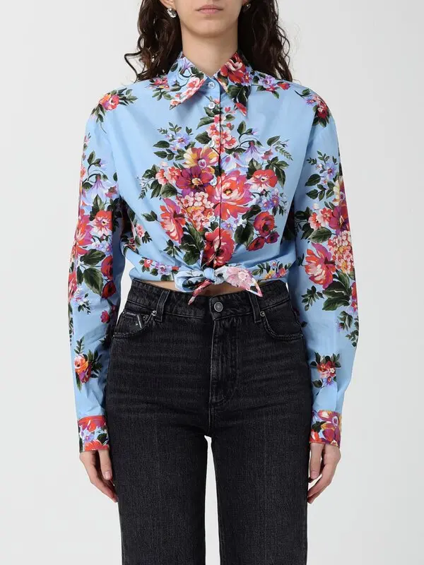 Dolce & Gabbana Cropped Floral Print Cotton Poplin Shirt - Gnawed Blue
