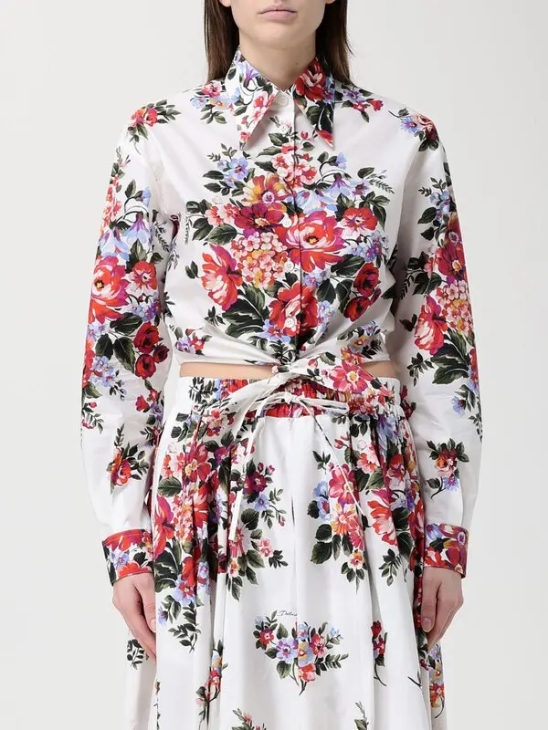 Dolce & Gabbana Cropped Floral Print Cotton Poplin Shirt - White