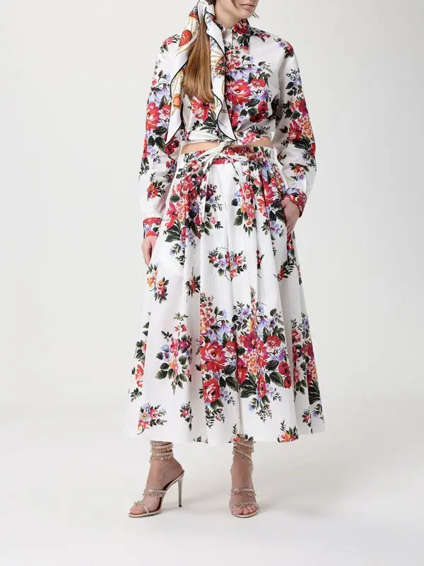 Dolce & Gabbana Cropped Floral Print Cotton Poplin Shirt - White