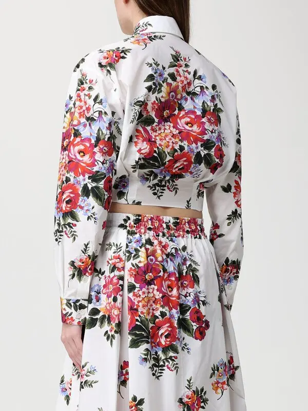 Dolce & Gabbana Cropped Floral Print Cotton Poplin Shirt - White