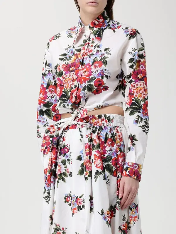 Dolce & Gabbana Cropped Floral Print Cotton Poplin Shirt - White