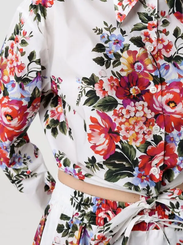 Dolce & Gabbana Cropped Floral Print Cotton Poplin Shirt - White