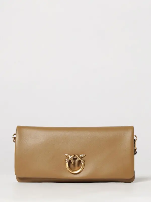 Pinko Click Soft Horizontal Classic Leather Clutch - Camel
