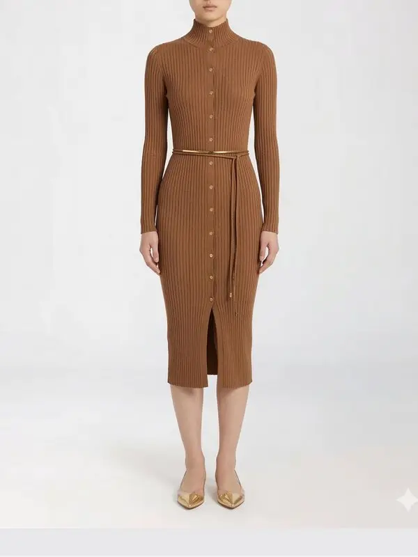 Elisabetta Franchi Ribbed Knit Midi Dress - Brown