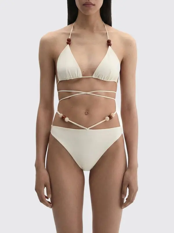 Magda Butrym Stretch Polyamide Triangle Bikini Top With Bead Embellishments - White