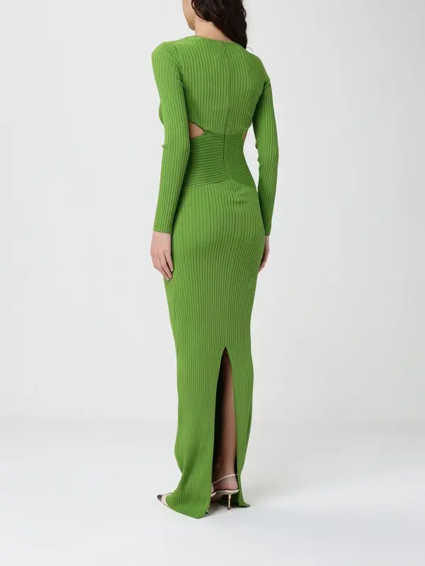elisabetta franchi long sleeve dress Long Sleeve Ribbed Knit Gown With Metal Ring Detail