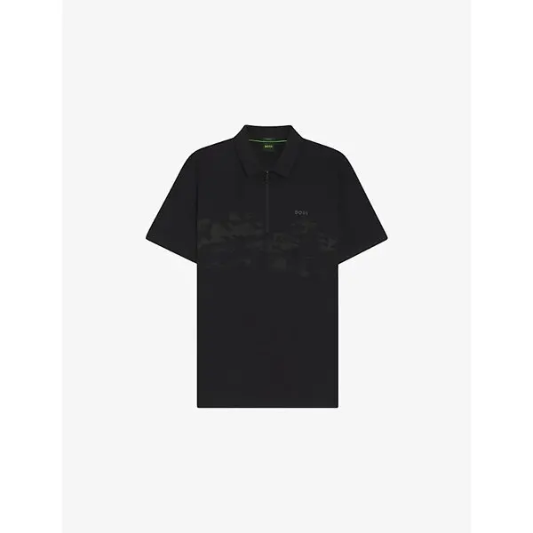 BOSS Abstract-print Zipped Cotton-blend Polo Shirt - Black