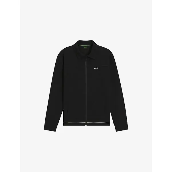 BOSS Logo-embroidered Polo-collar Cotton-blend Tracksuit Top - Black