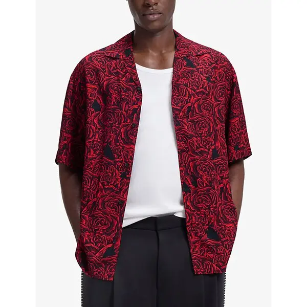 Hugo Rose-print Oversized-fit Woven Shirt