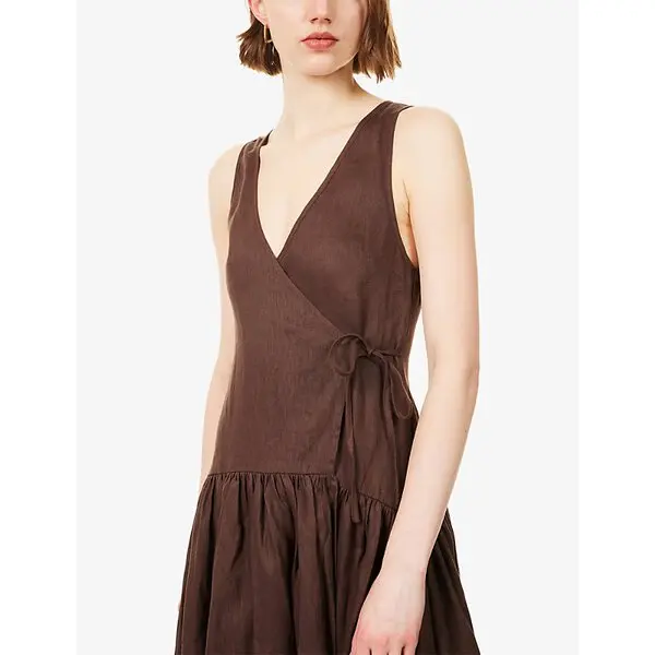 Dissh Ilio Wrap-over Linen Midi Dress - Brown | Editorialist