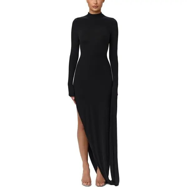 Naked Wardrobe Drape Long Sleeve Maxi Dress - Black