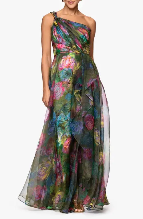 XSCAPE EVENINGS One-shoulder Floral Organza Gown