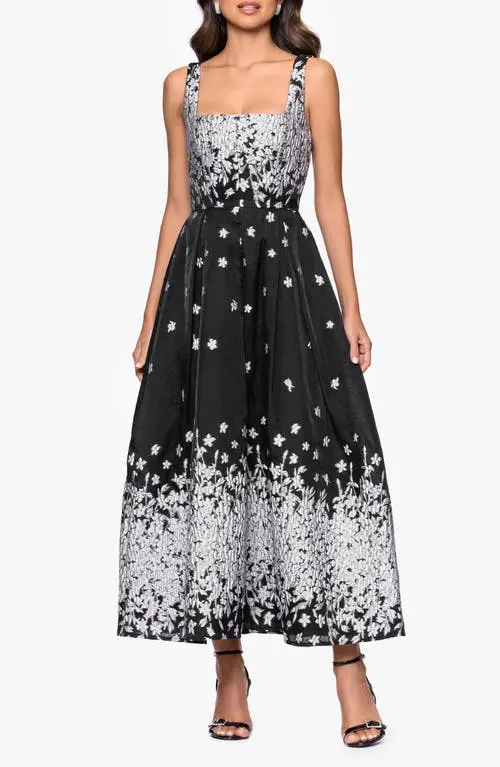 Betsy & Adam Metallic Floral Gown