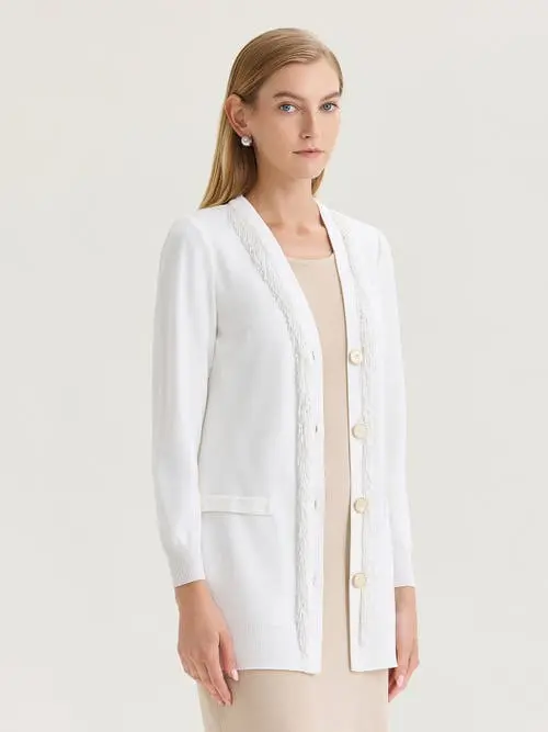Misook Beaded Trim Flat Knit Cardigan