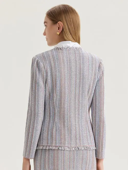 Misook Asymmetrical Fringe Trim Knit Jacket