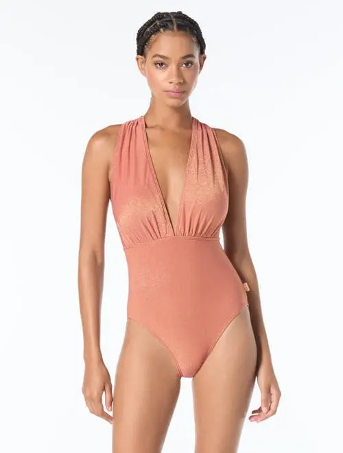 Vince Camuto Plunge Neck One-piece Swimsuit - Almond