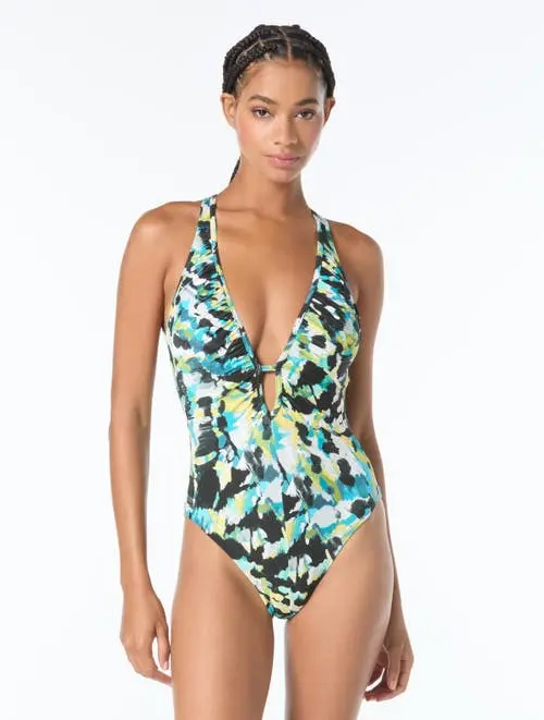 Vince Camuto Printed V-neck One-piece Swimsuit - Blue Multi
