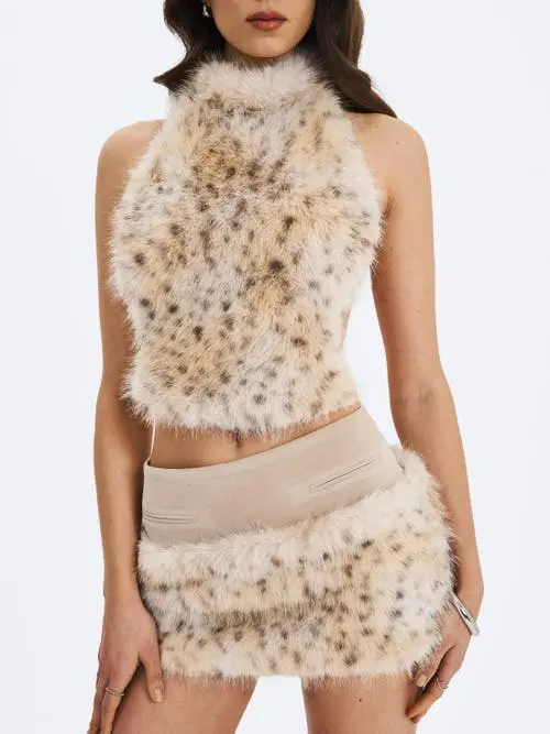 MISS CIRCLE NEW YORK Backless Faux Fur Halter Top