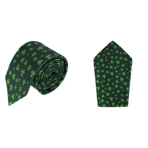 Trafalgar Shamrock Printed Silk Pocket Square And Necktie Bundle - Green
