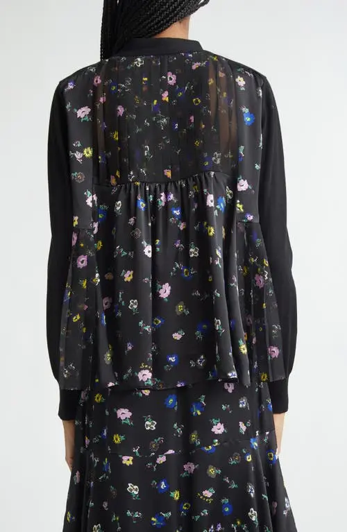 Sacai Mixed Media Pleated Floral Chiffon & Knit Cardigan - Black/black