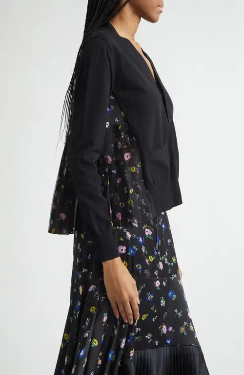 Sacai Mixed Media Pleated Floral Chiffon & Knit Cardigan - Black/black