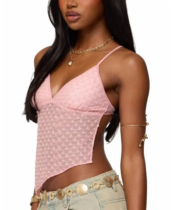 EDIKTED Beaded Mesh Asymmetric Backless Top