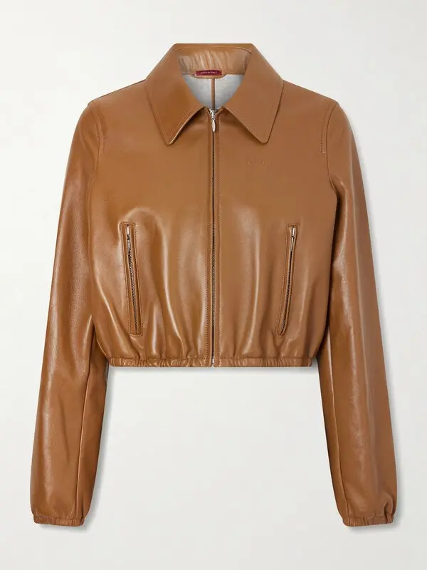 Gucci Cropped Embossed Leather Bomber Jacket - Brown