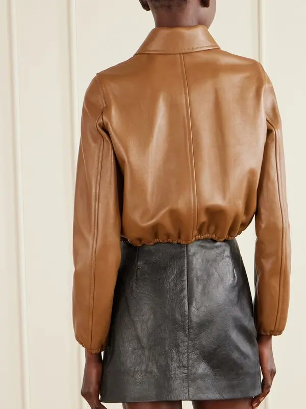 Gucci Cropped Embossed Leather Bomber Jacket - Brown
