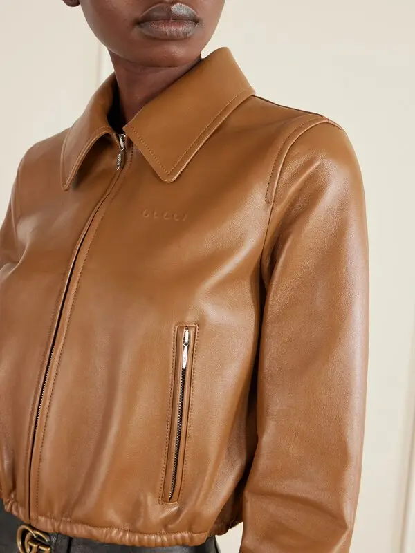 Gucci Cropped Embossed Leather Bomber Jacket - Brown