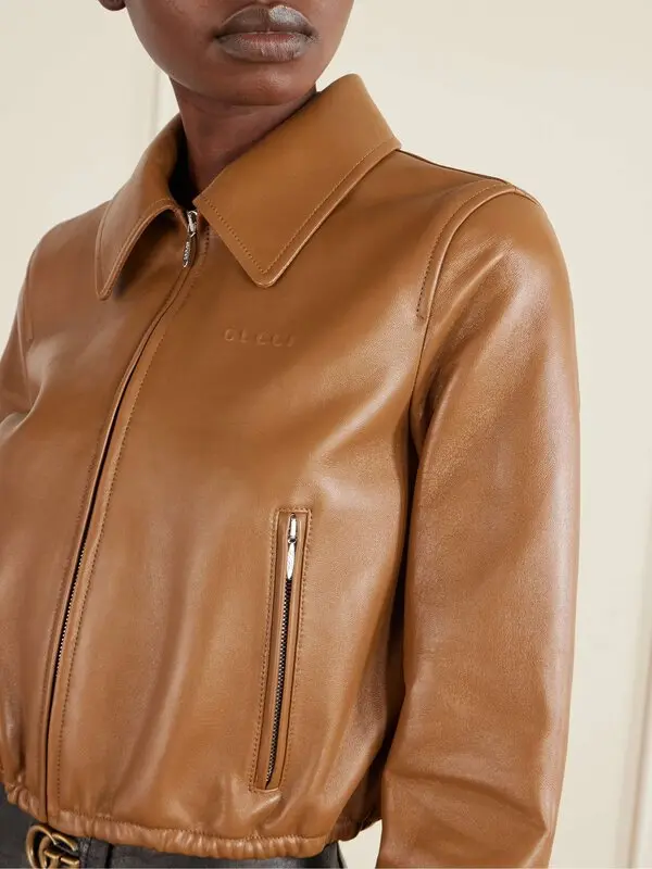 Gucci Cropped Embossed Leather Bomber Jacket